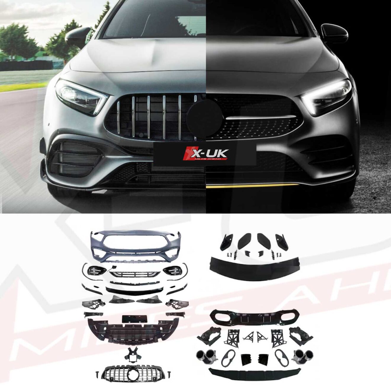 Mercedes W177 A45S style body kit and gloss black aero kit upgrade